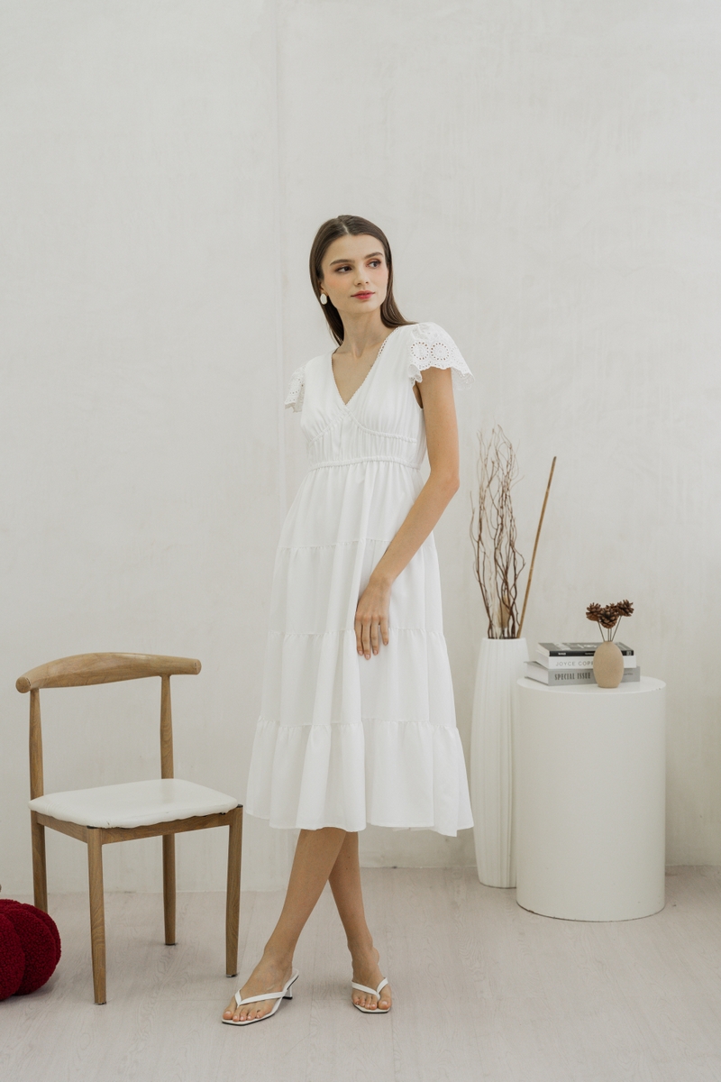 Marina Eyelet Sleeve Tiered Maxi Dress In White