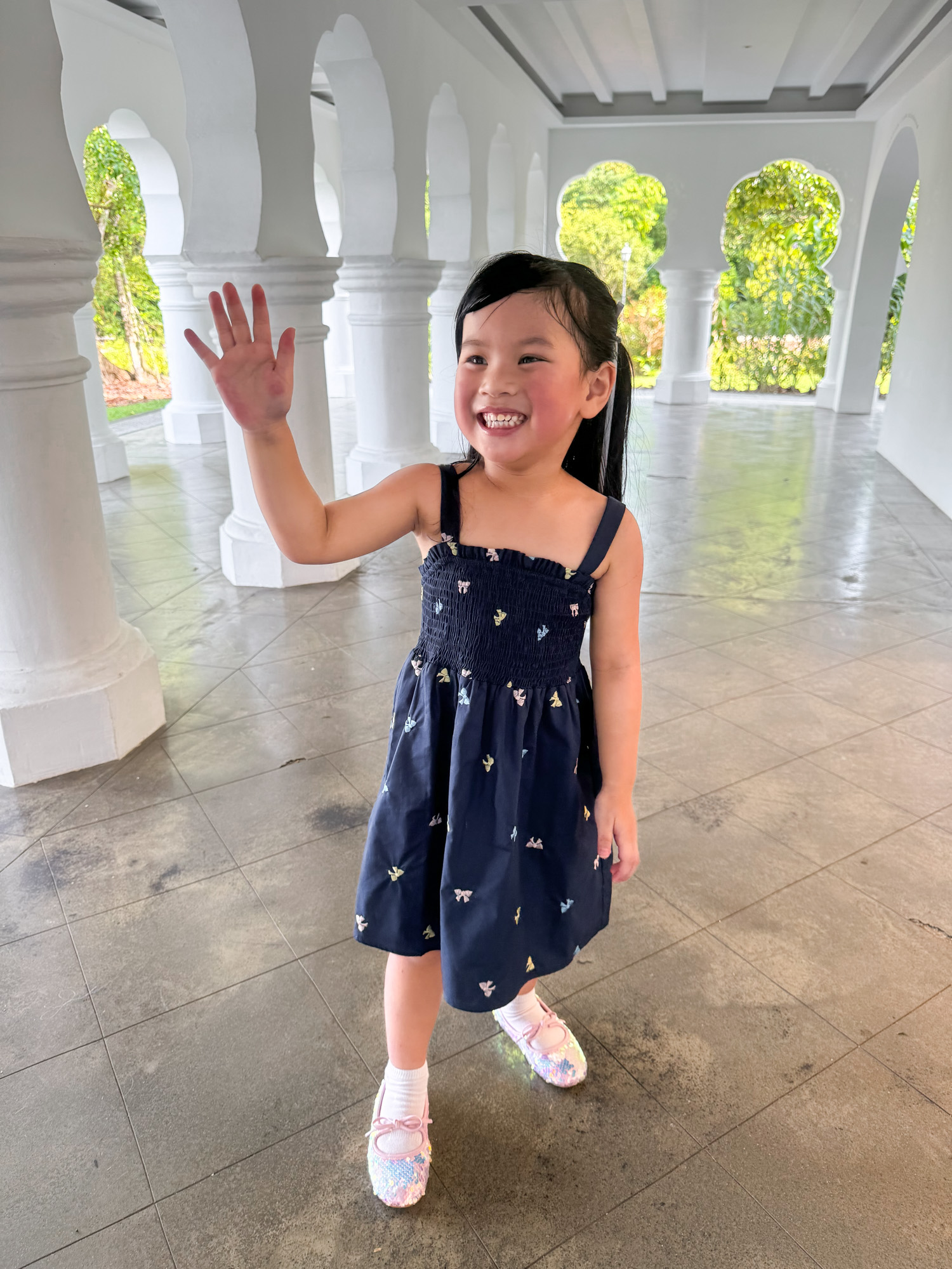 Bernice Smocked Embroidery Ribbon Kids Dress In Navy