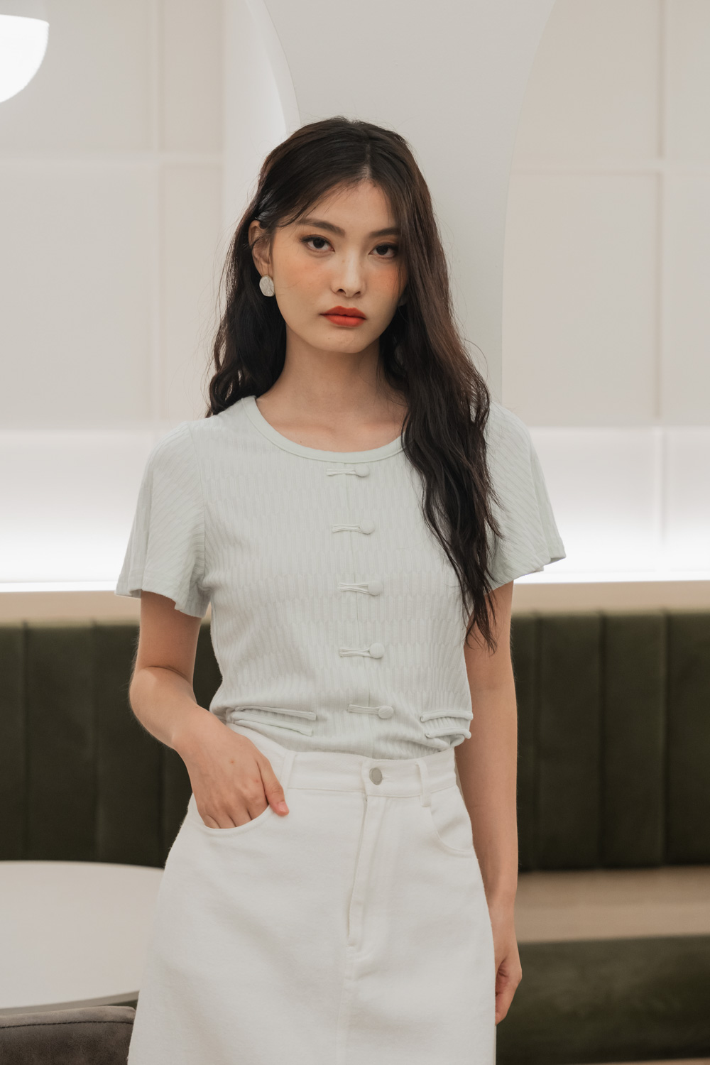 Agatha Mandarin Button Knit Top In Light Mint