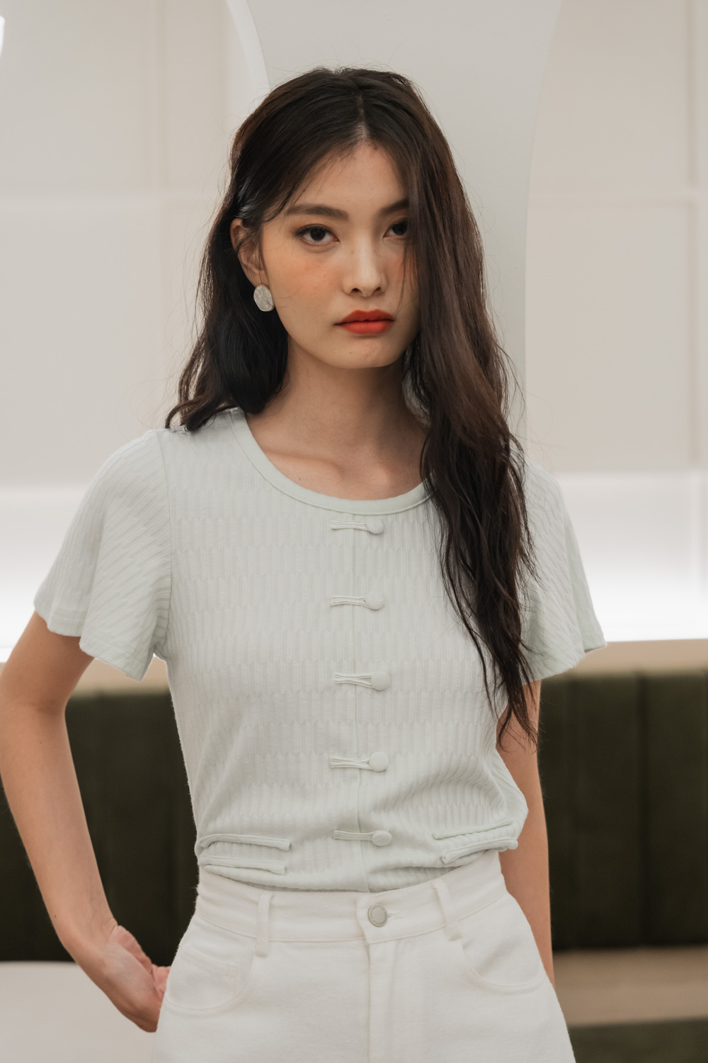 Agatha Mandarin Button Knit Top In Light Mint