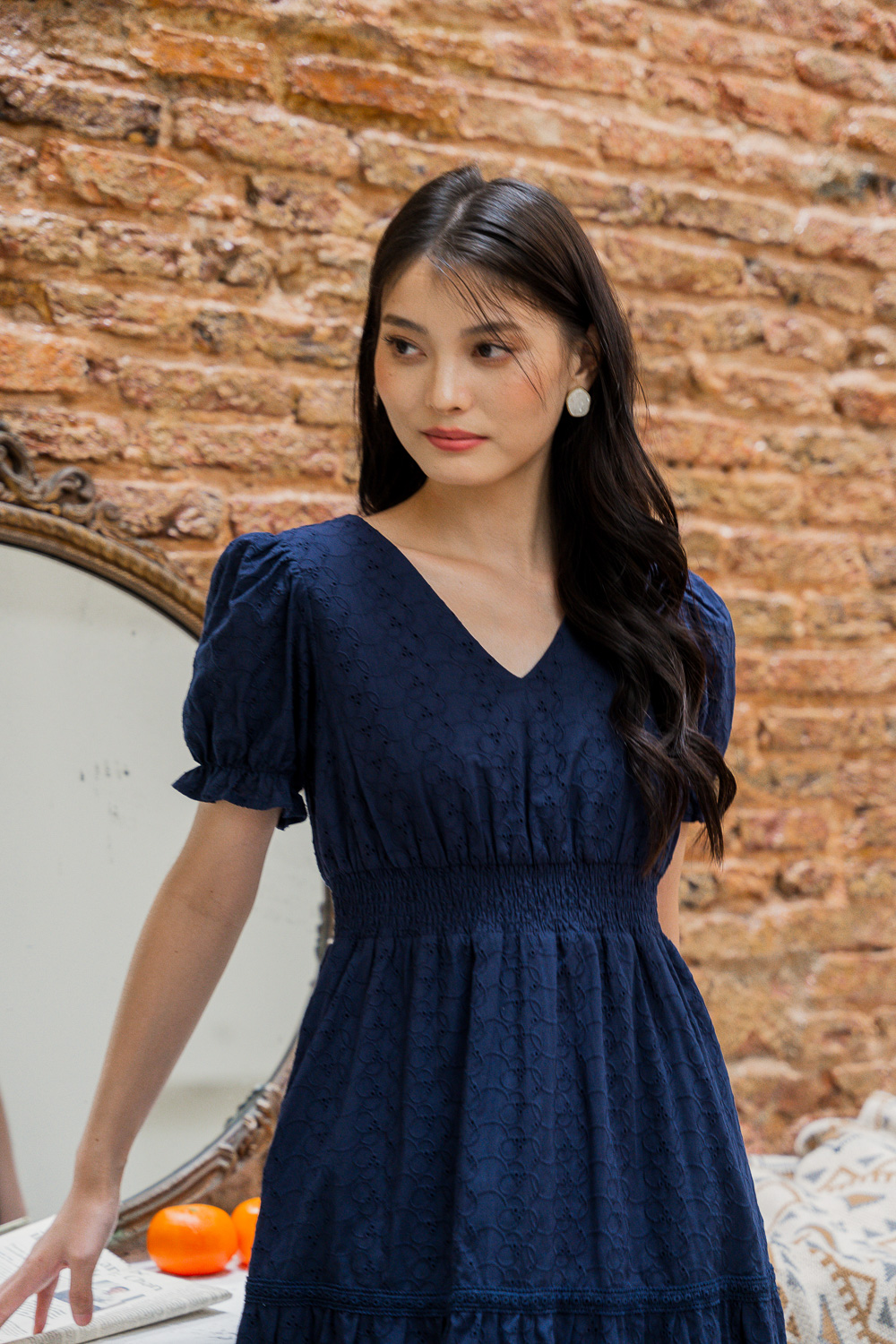 Envi Eyelet Tiered Midi Dress In Navy