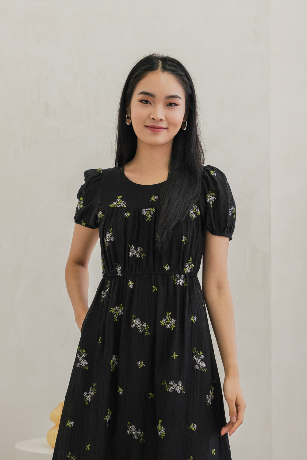 Elsa Textured Embroidery Midi Dress In Black