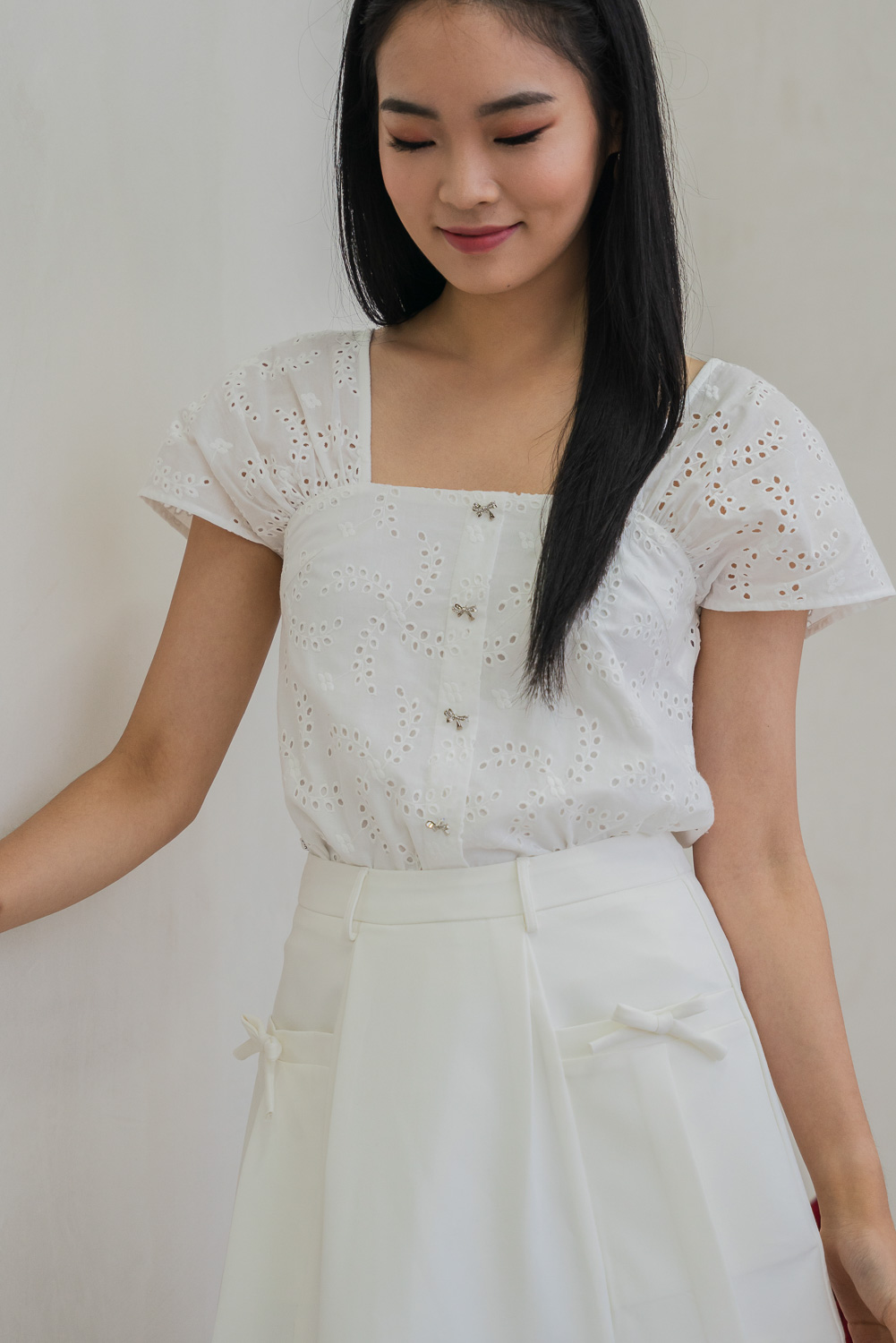 Evette Eyelet Ribbon Button Top In White