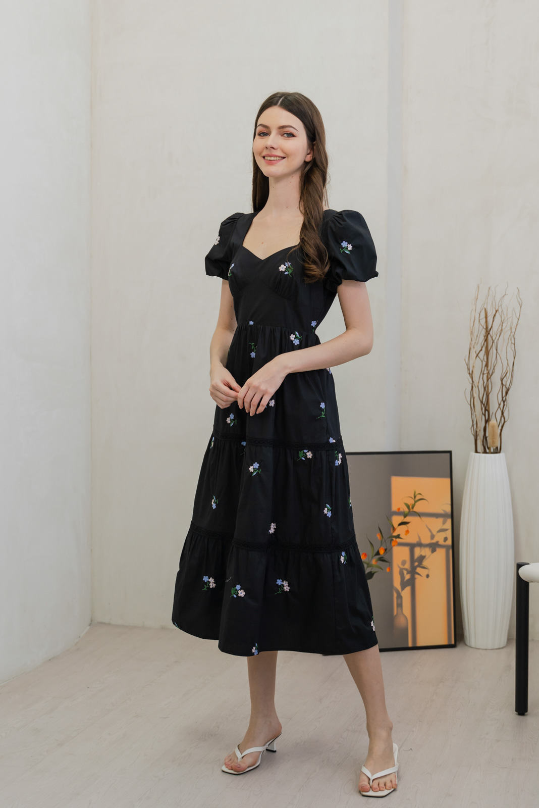 Flourish Embroidered Empire Midi Dress In Black