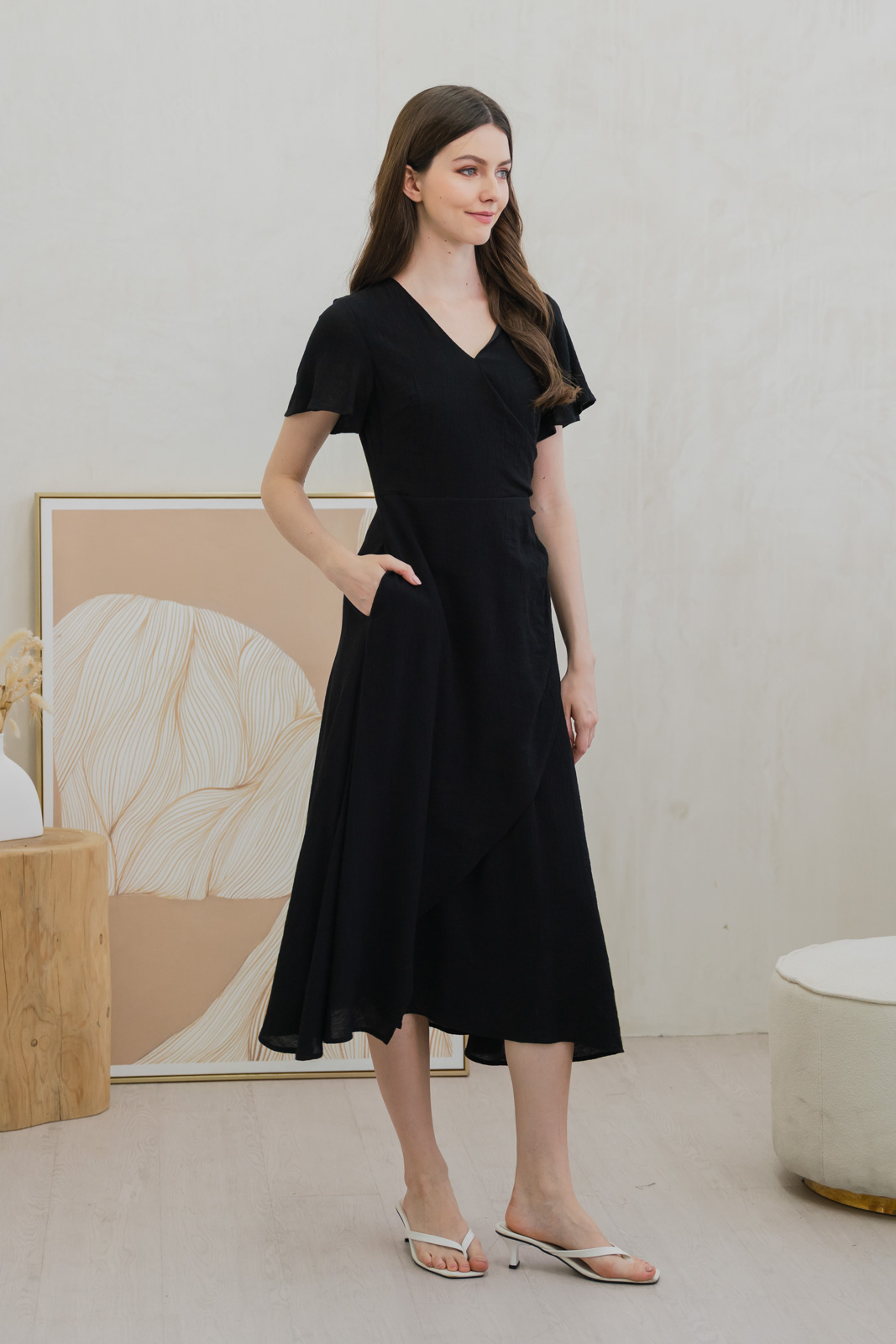 Gracie Side Ruched Wrap Maxi Dress In Black