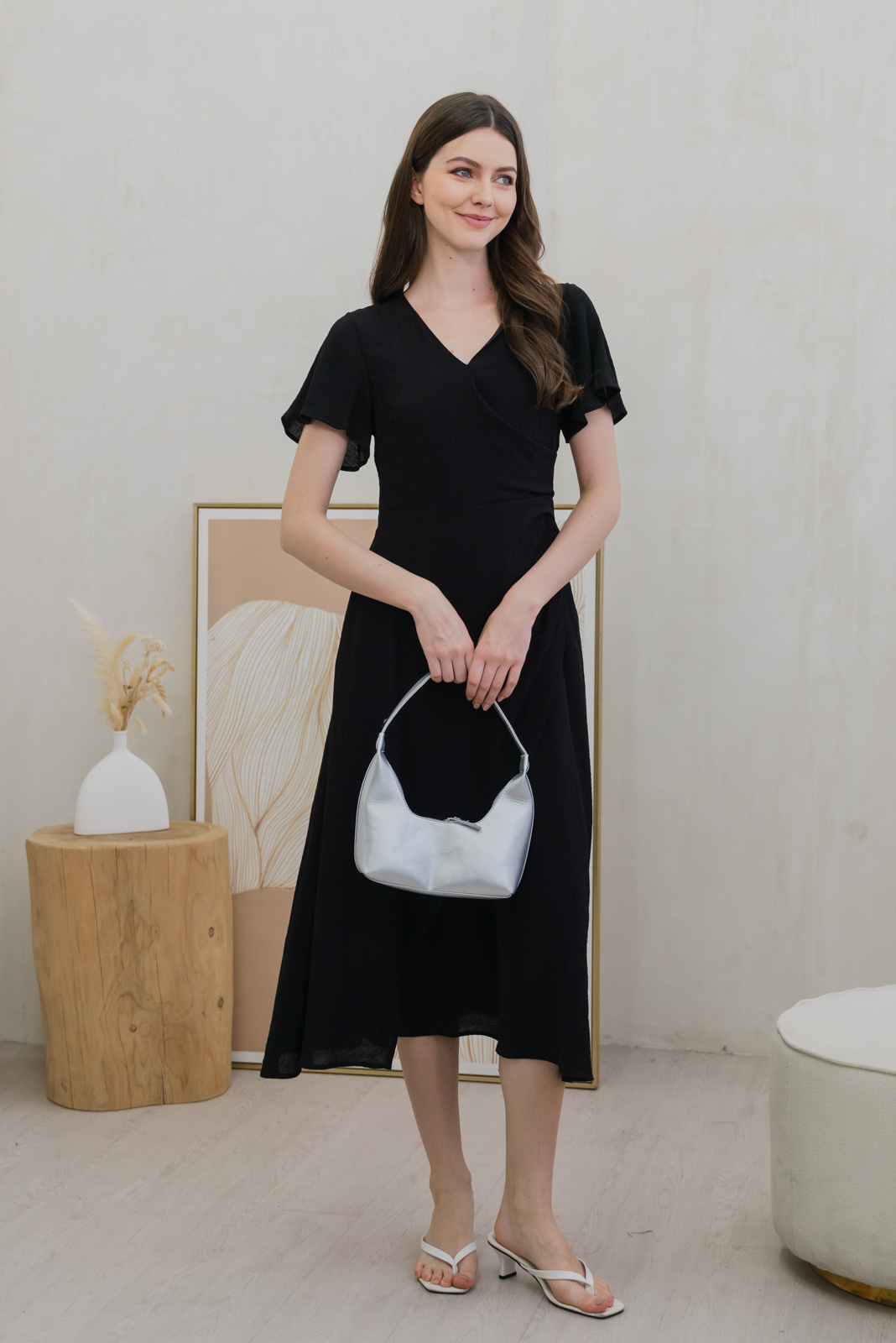 Gracie Side Ruched Wrap Maxi Dress In Black