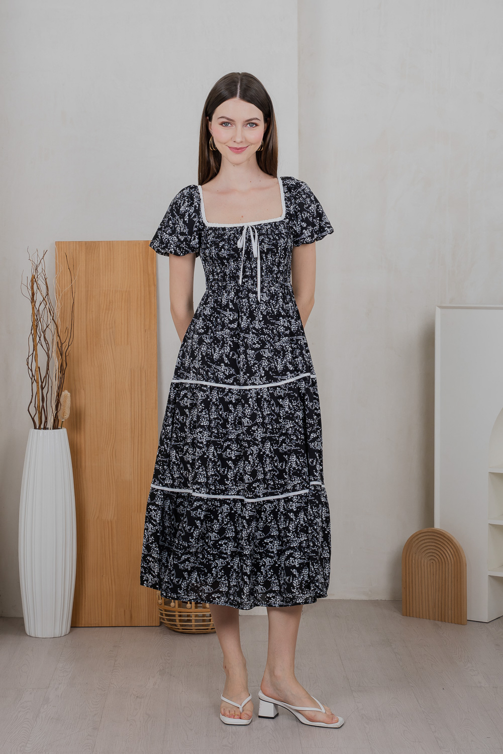 Marisol Floral Smock Tiered Midi Dress In Black