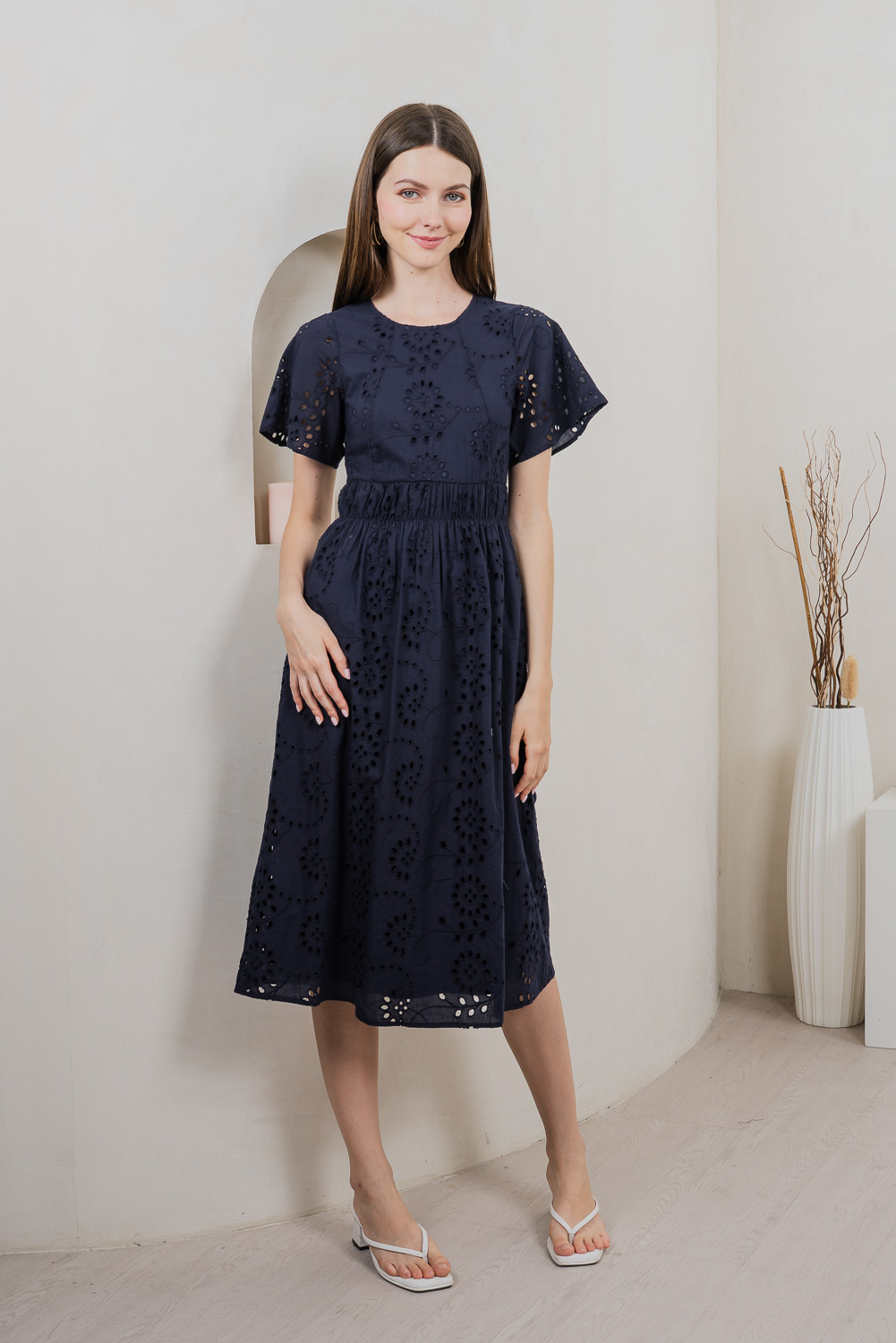 Emeris Eyelet Embroidery Midi Dress In Navy