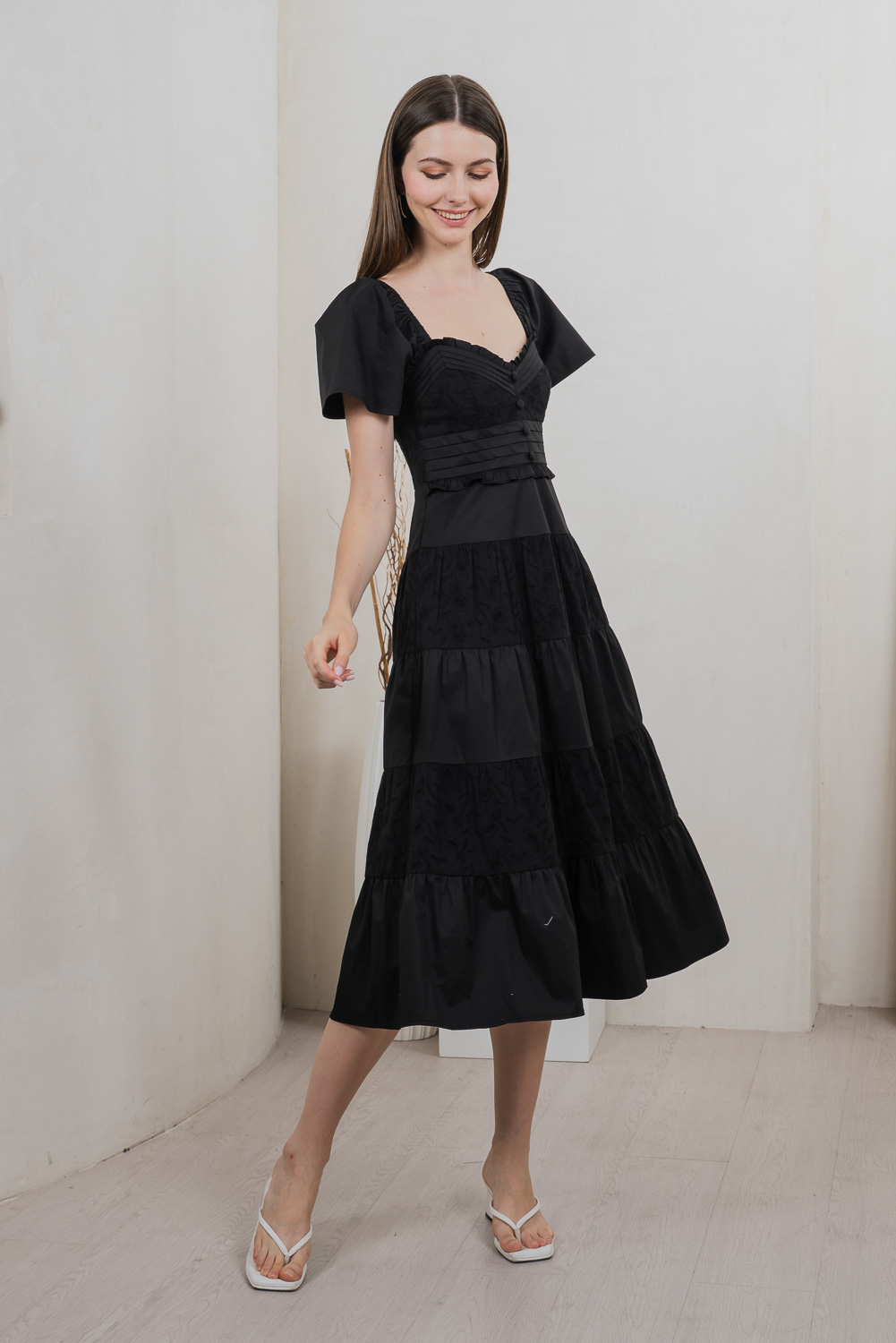 Perla Pintuck Eyelet Maxi Dress In Black