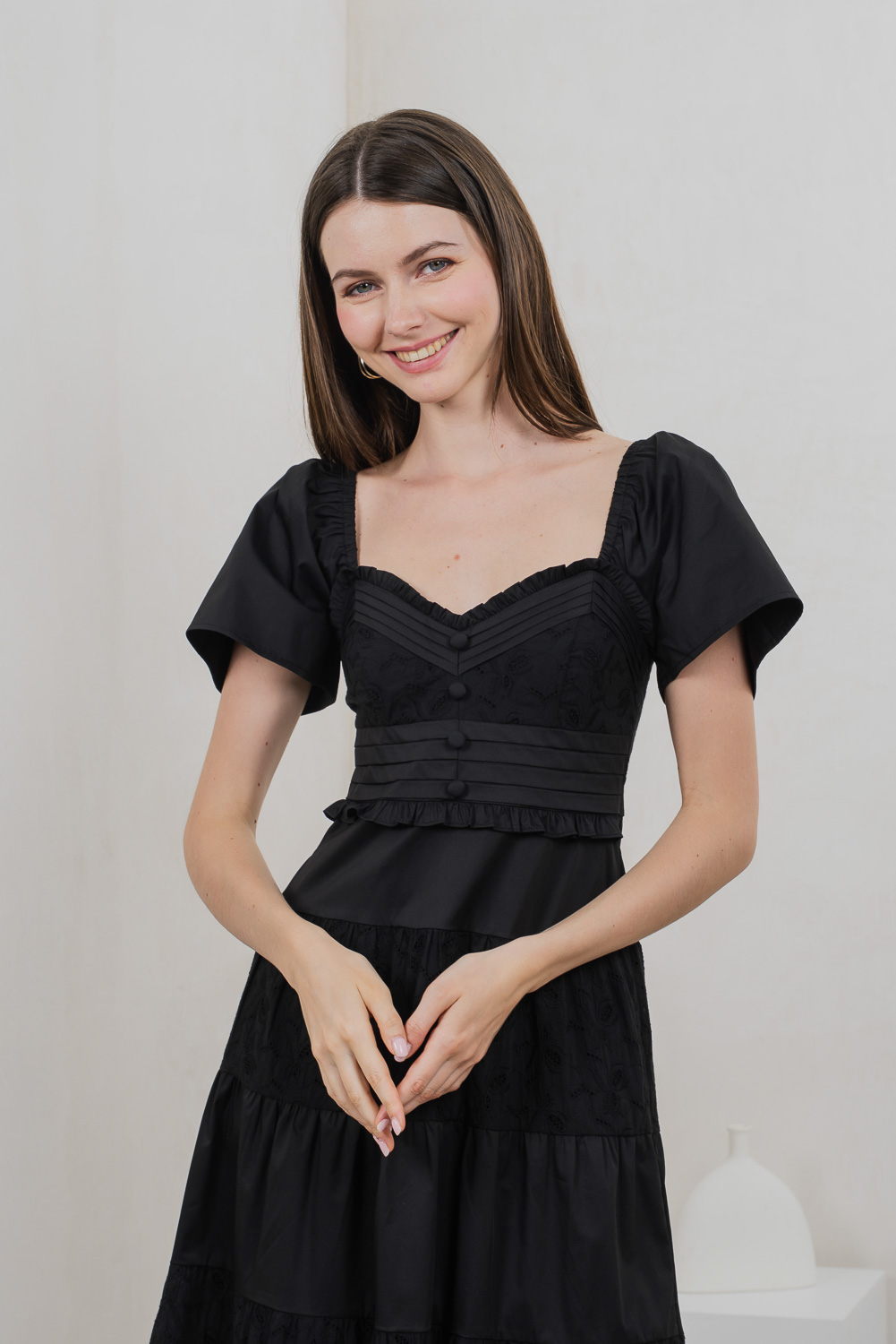 Perla Pintuck Eyelet Maxi Dress In Black