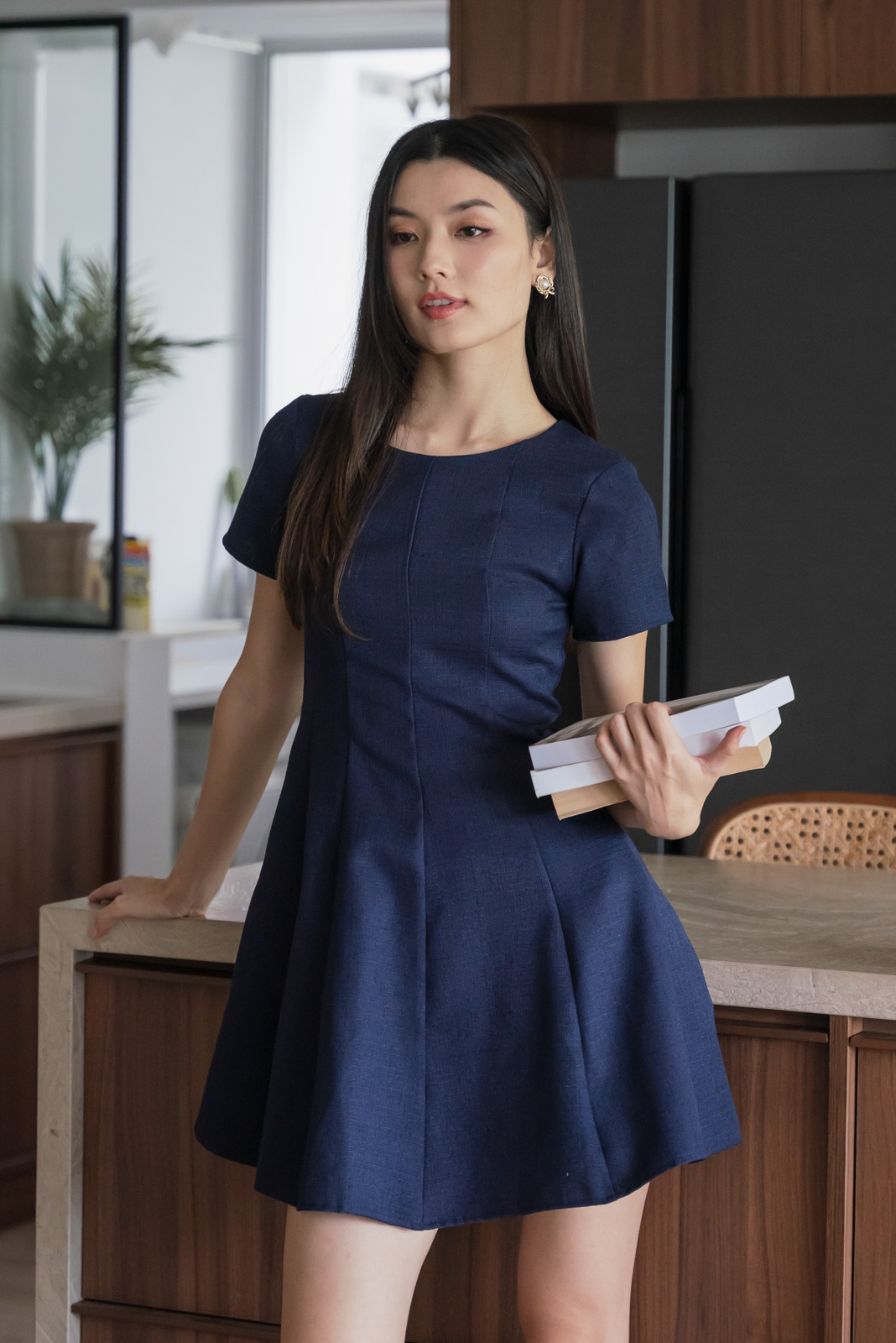 Apple Tweed Work Dress In Navy