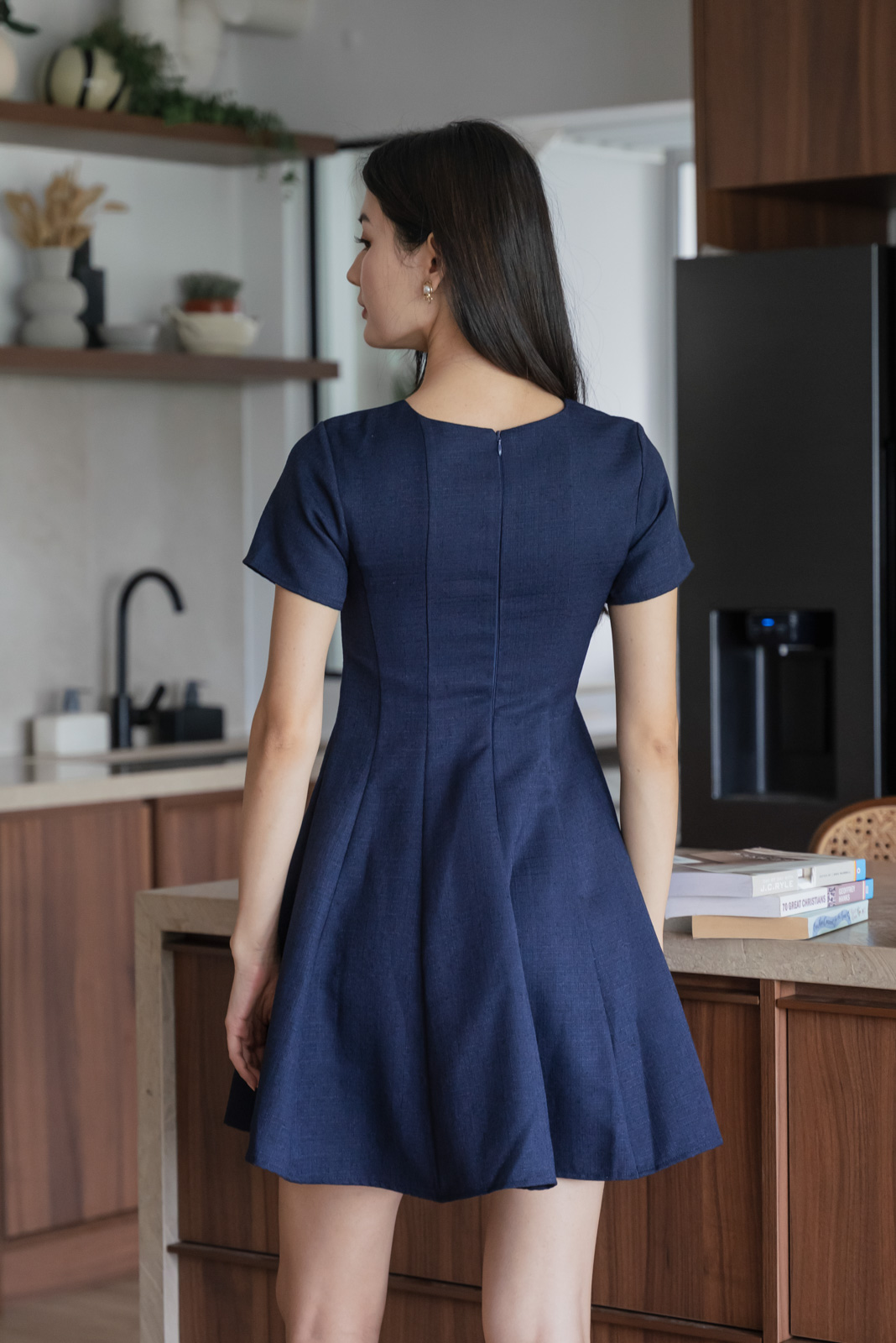 Apple Tweed Work Dress In Navy