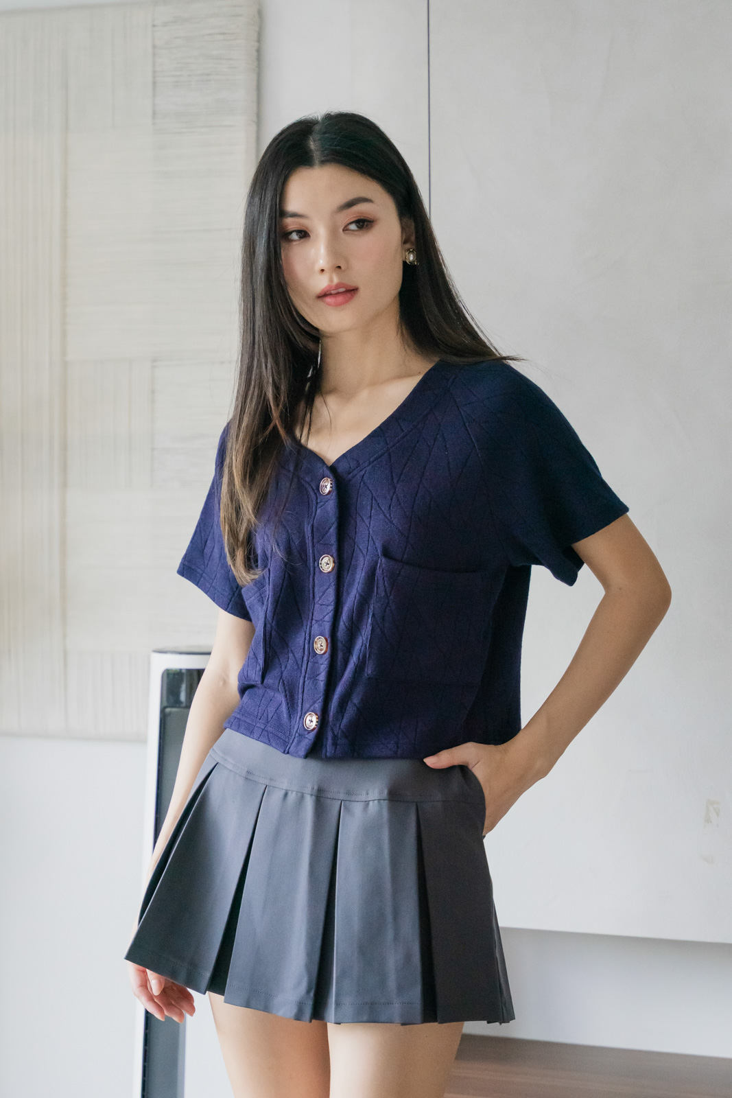 Madeline Buttons Pocket Knit Top In Navy