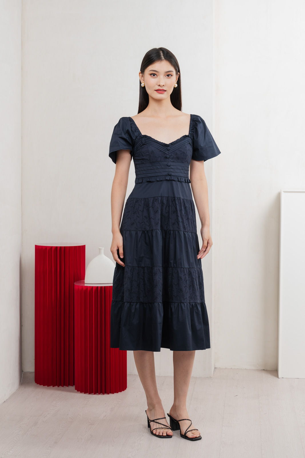 Perla Pintuck Eyelet Maxi Dress In Navy