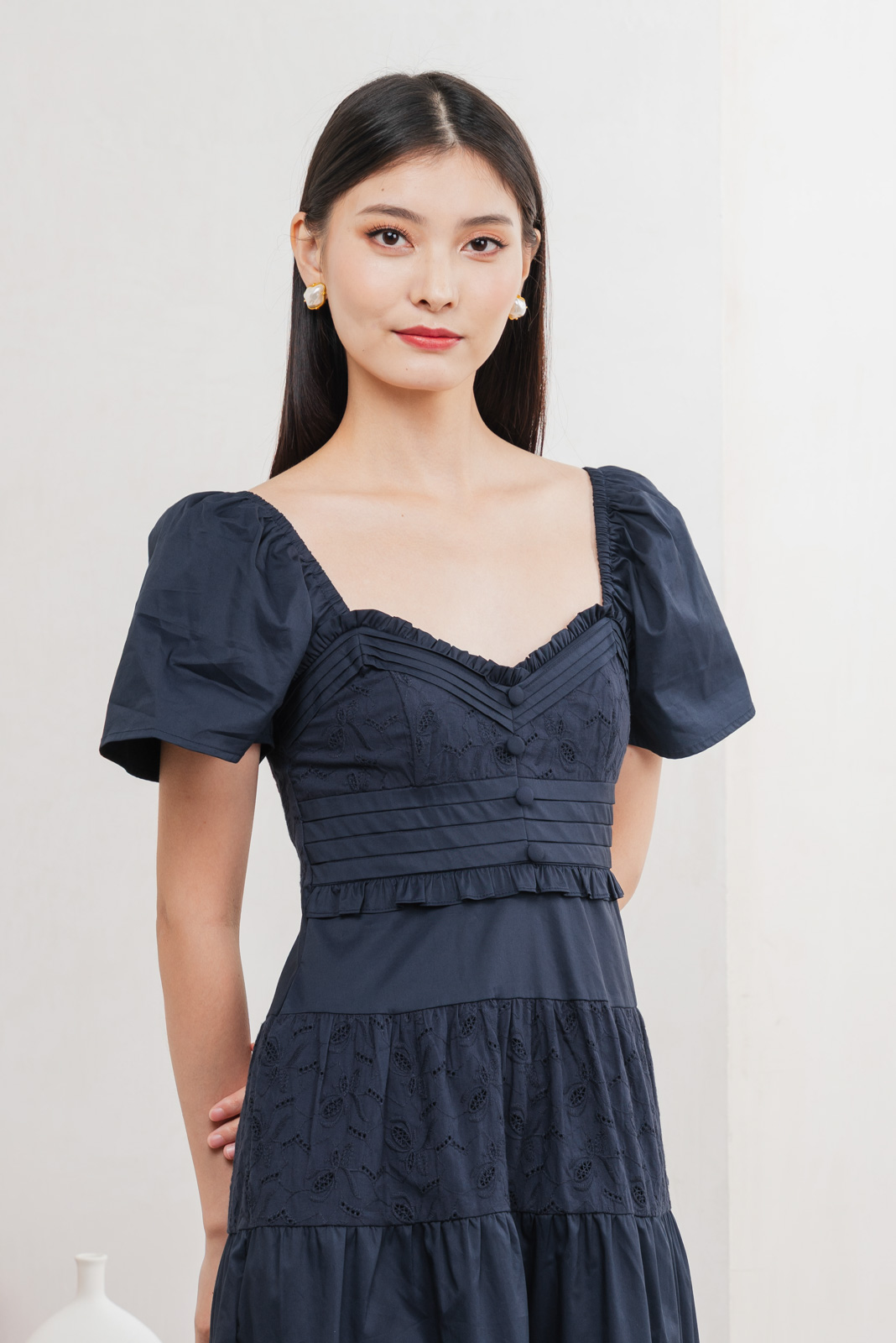 Perla Pintuck Eyelet Maxi Dress In Navy