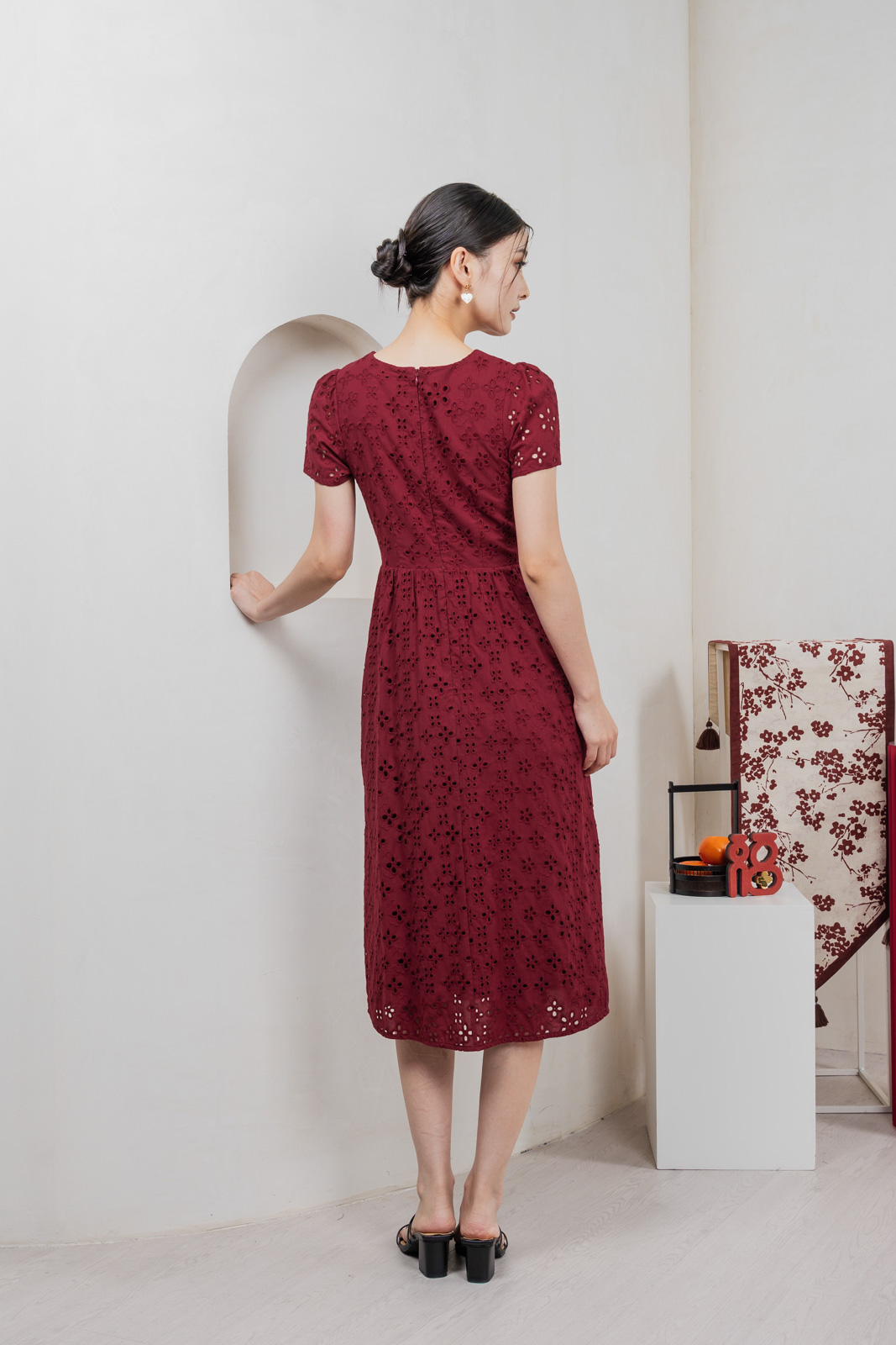 Kindred Eyelet Midi Dress In Red