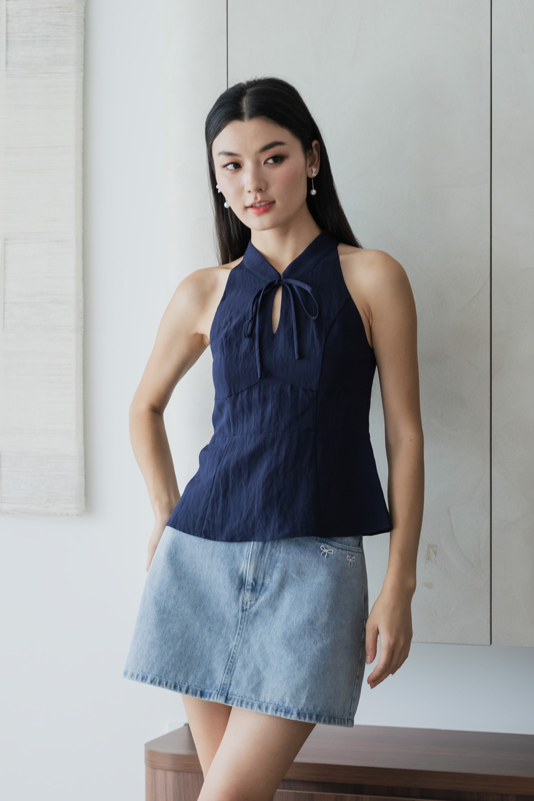 Lunar Mandarin Collar Halter Top In Navy