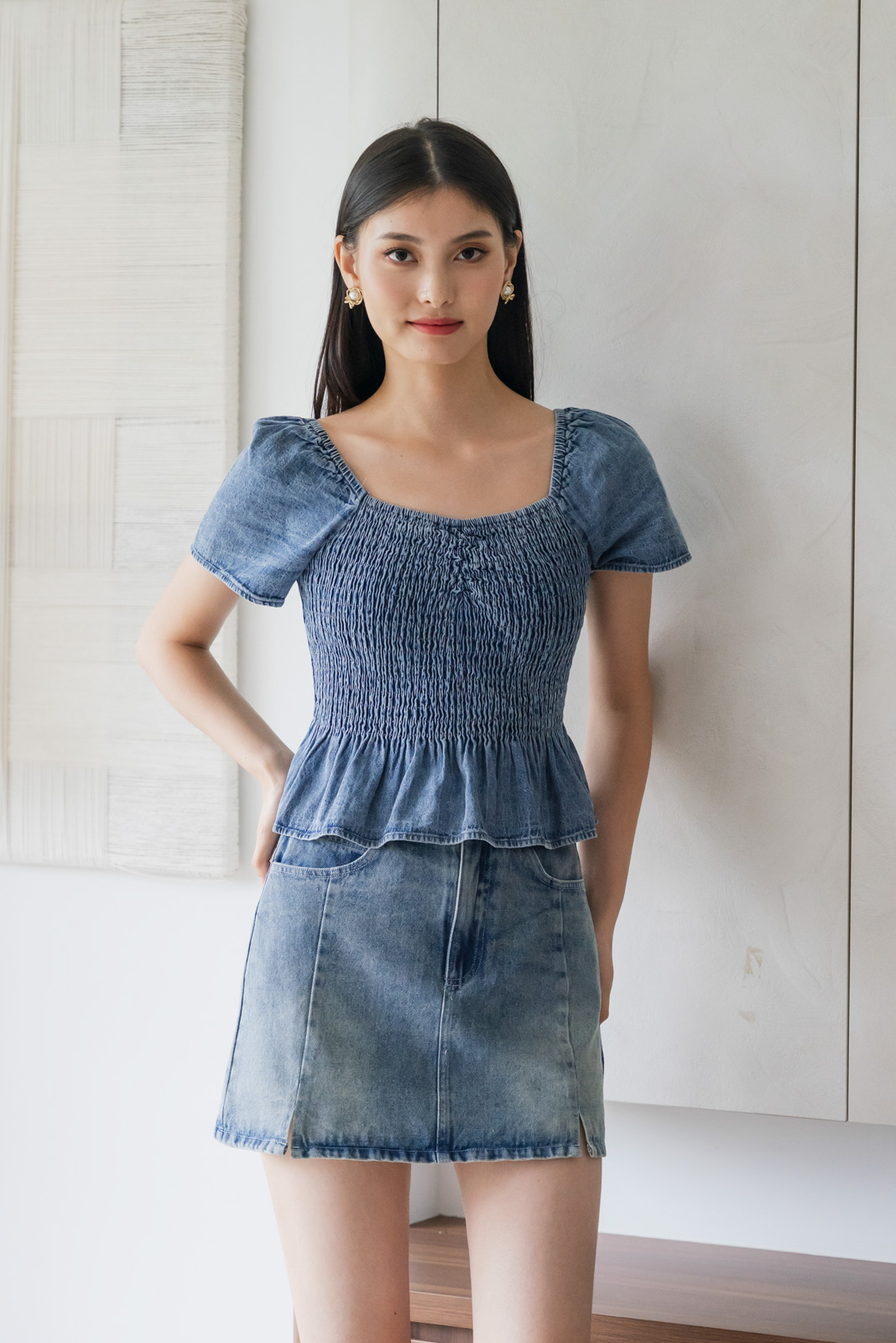 Hydra Smocked Denim Top In Denim Wash