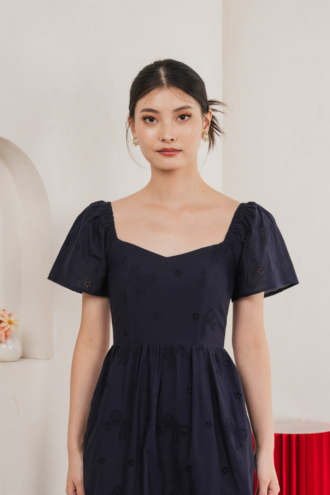 Brinia Ribbon Eyelet Sweetheart Midi Dress In Navy
